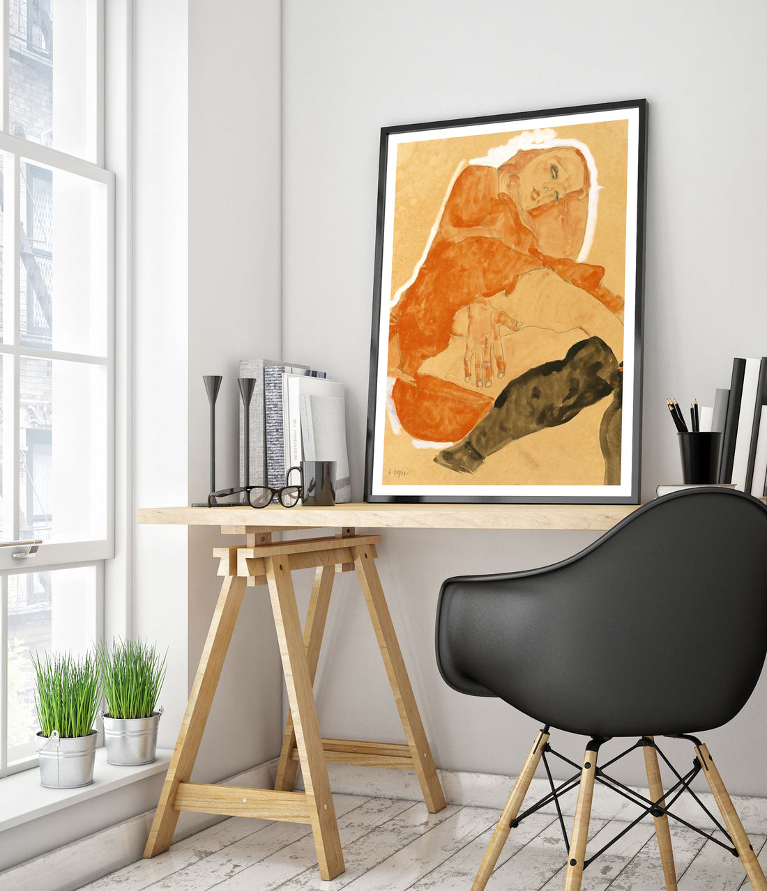 Girl in Red Robe and Black Stockings - Egon Schiele | Art | Framed ...