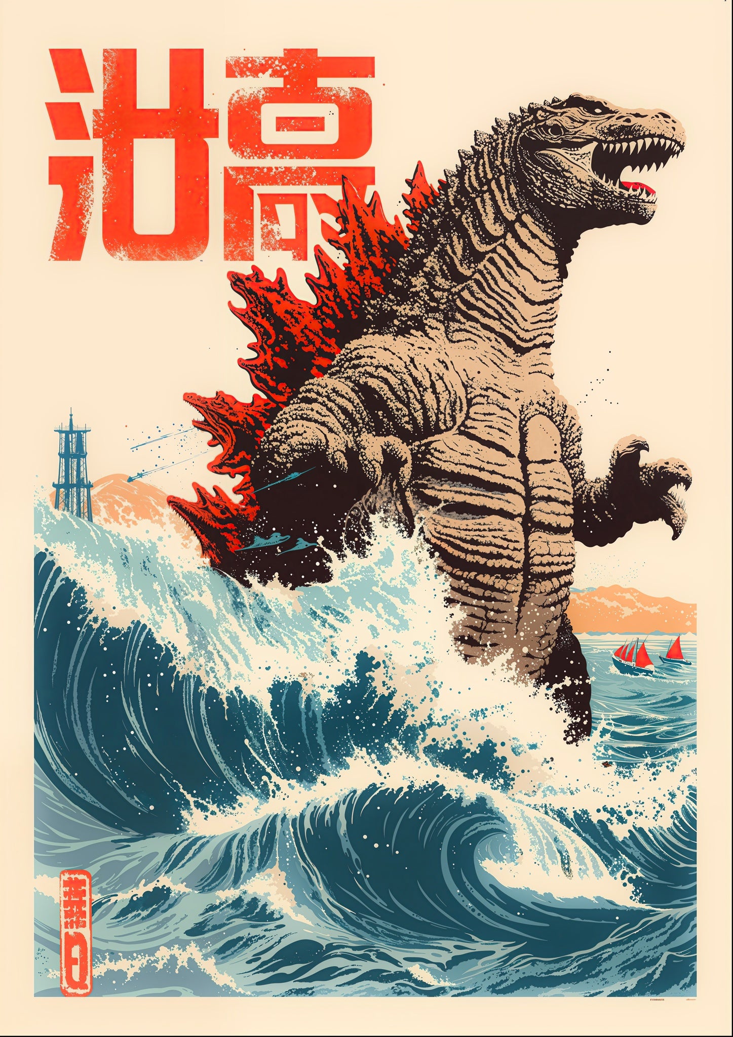 Great Wave of Zilla | Cartoon, Japanese | Framed Prints & Posters – Animato